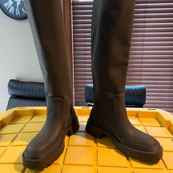 Zara | Shoes | Brand New Zara Rubberized Tall Boots In Olive Green ...